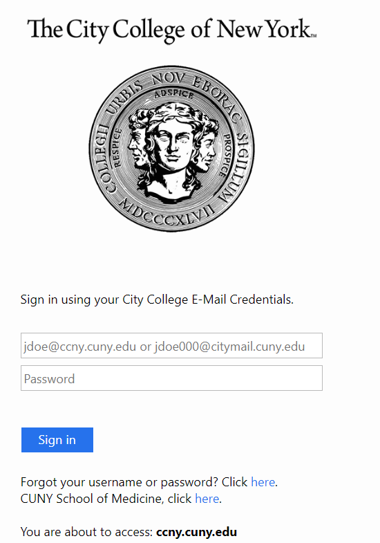 CCNY SSO Screen | The City College of New York